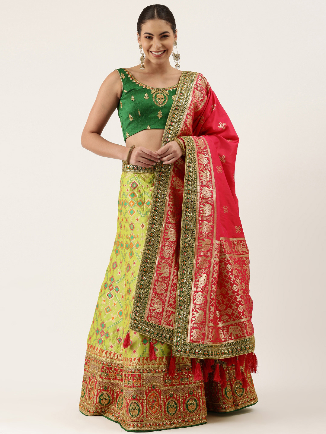 Buy Panchhi Lime Green Embroidered Ready To Wear Lehenga & Unstitched ...