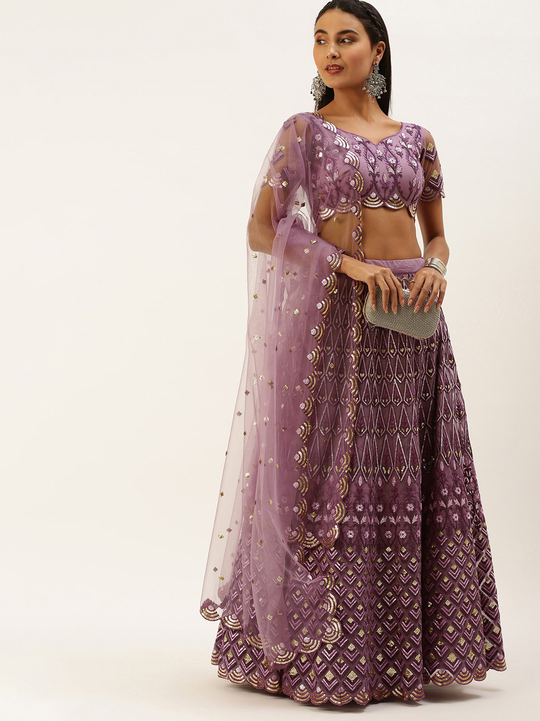 Buy Panchhi Lavender Embellished Sequinned Semi Stitched Lehenga ...