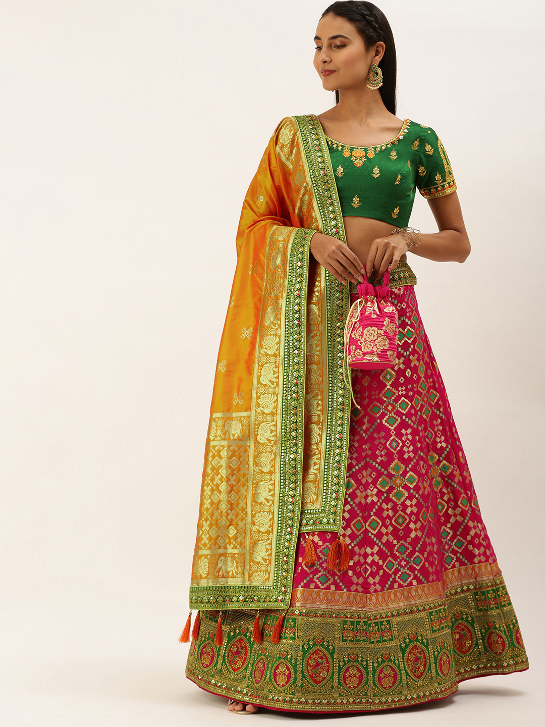 Buy Panchhi Pink & Green Embroidered Semi Stitched Lehenga & Unstitched ...