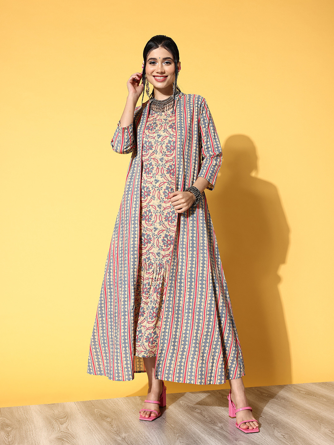 Buy Mokshi Women Beige Floral Print Mix Dress - Ethnic Dresses for ...
