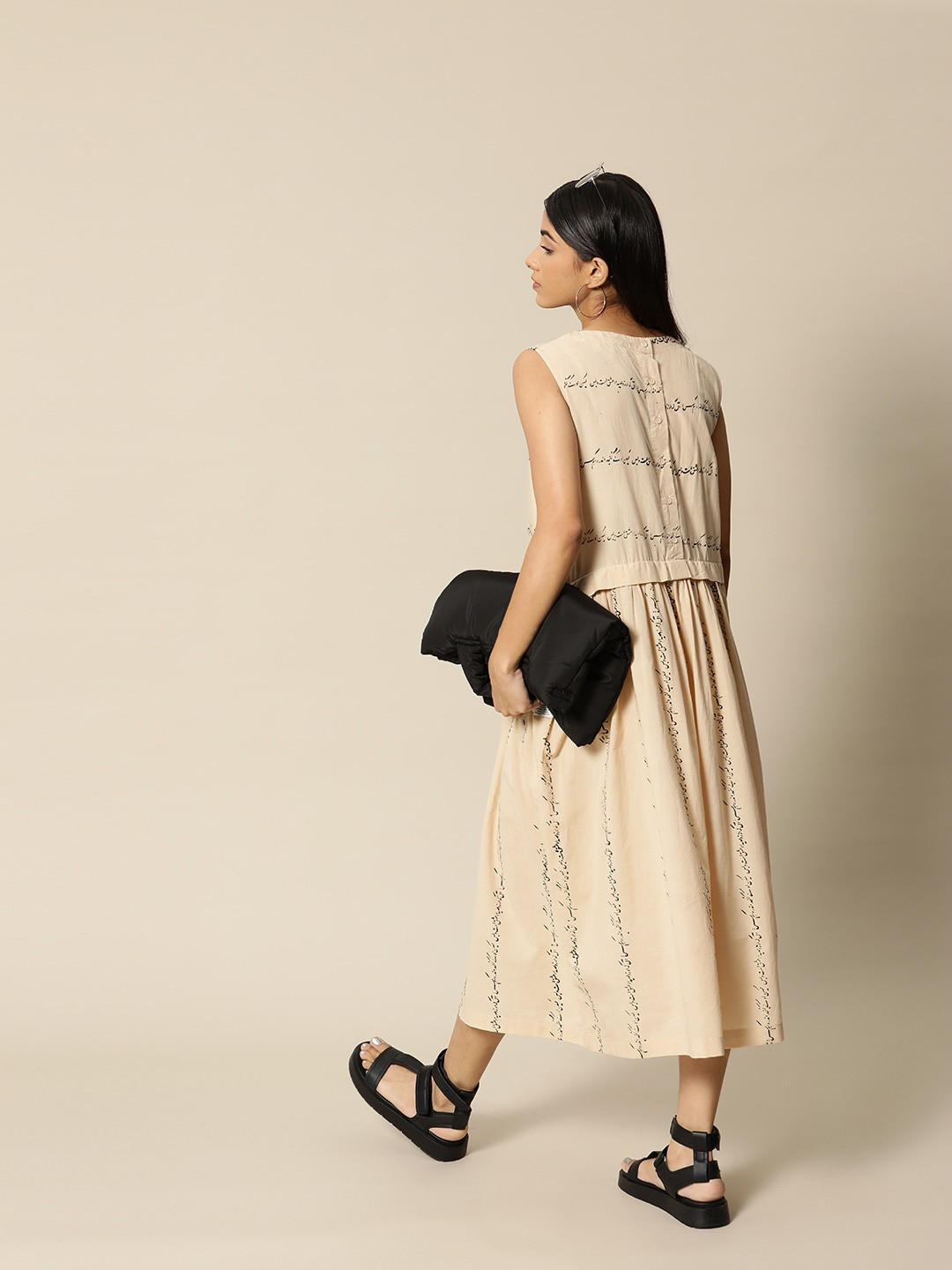 Buy BOWER Beige & Black Rumi Love Block Printed Pure Cotton A Line Midi ...