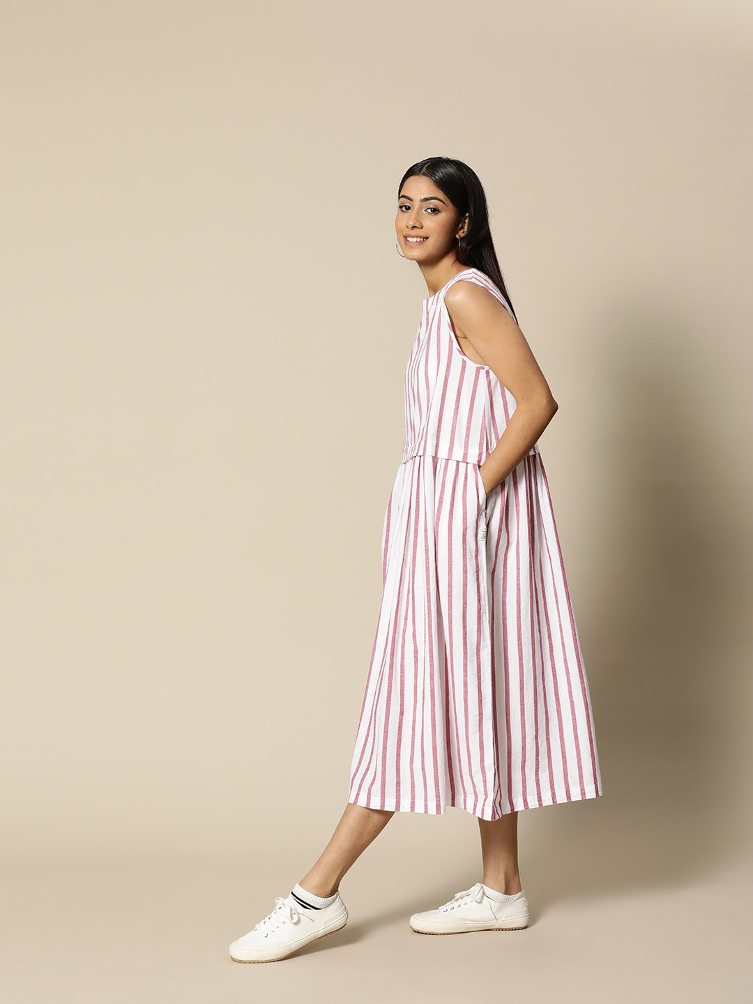Buy BOWER Pure Cotton Striped A Line Midi Dress - Dresses for Women ...