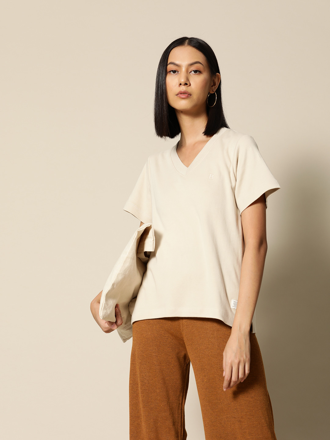 Buy BOWER Women Beige V Neck Pure Cotton T Shirt - Tshirts for Women ...