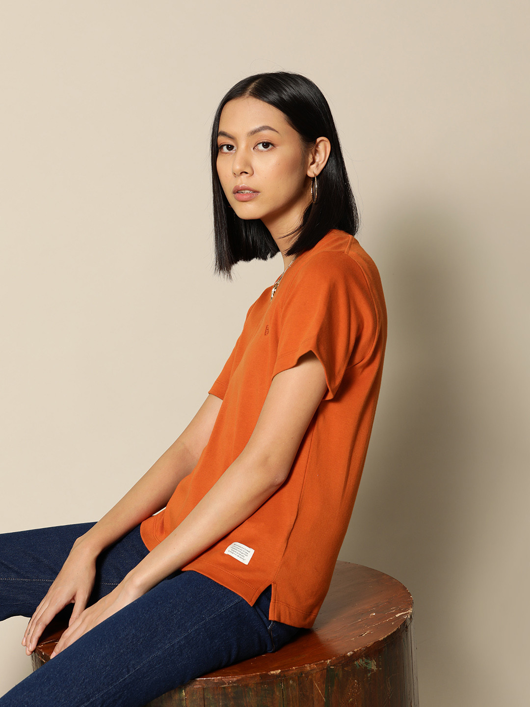 Buy BOWER Women Rust Orange V Neck Pure Cotton T Shirt - Tshirts for ...