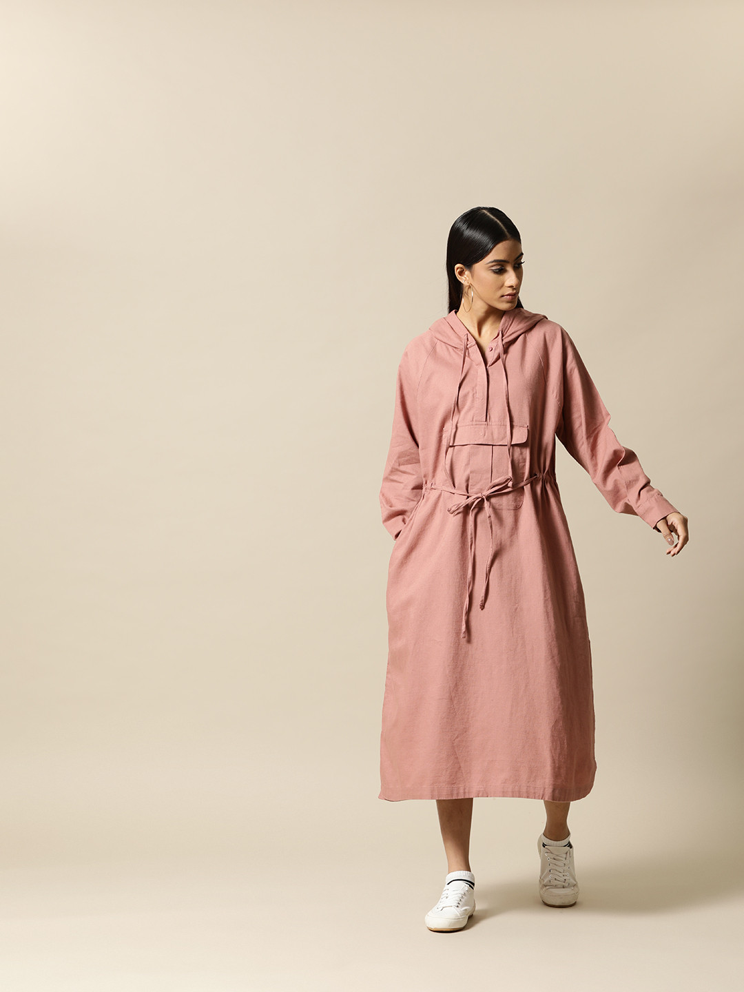 Buy BOWER Dusky Pink Solid Cotton Linen Midi Anorak Dress With ...