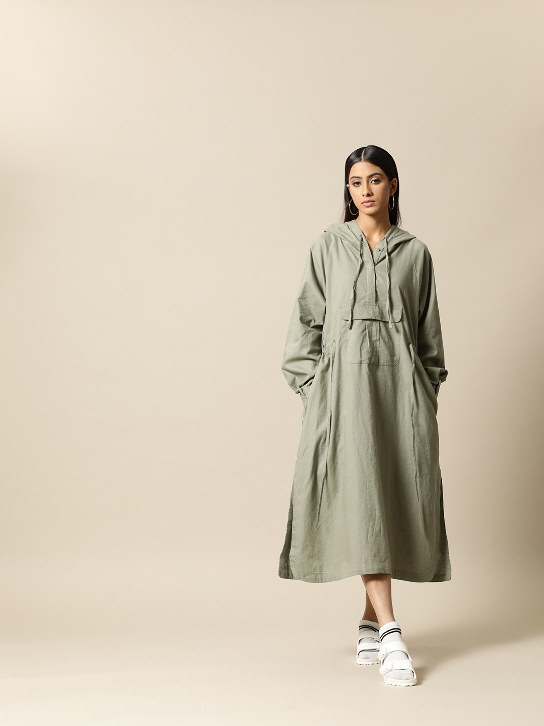 Buy BOWER Olive Green Solid Cotton Linen Midi Anorak Dress With ...