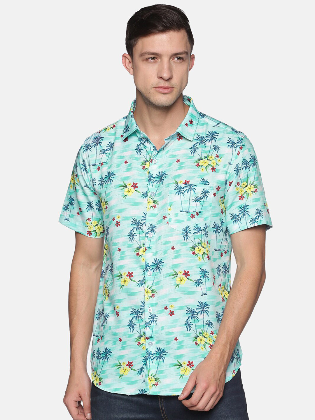 Buy Tusok Men Turquoise Blue Smart Tropical Printed Casual Shirt ...
