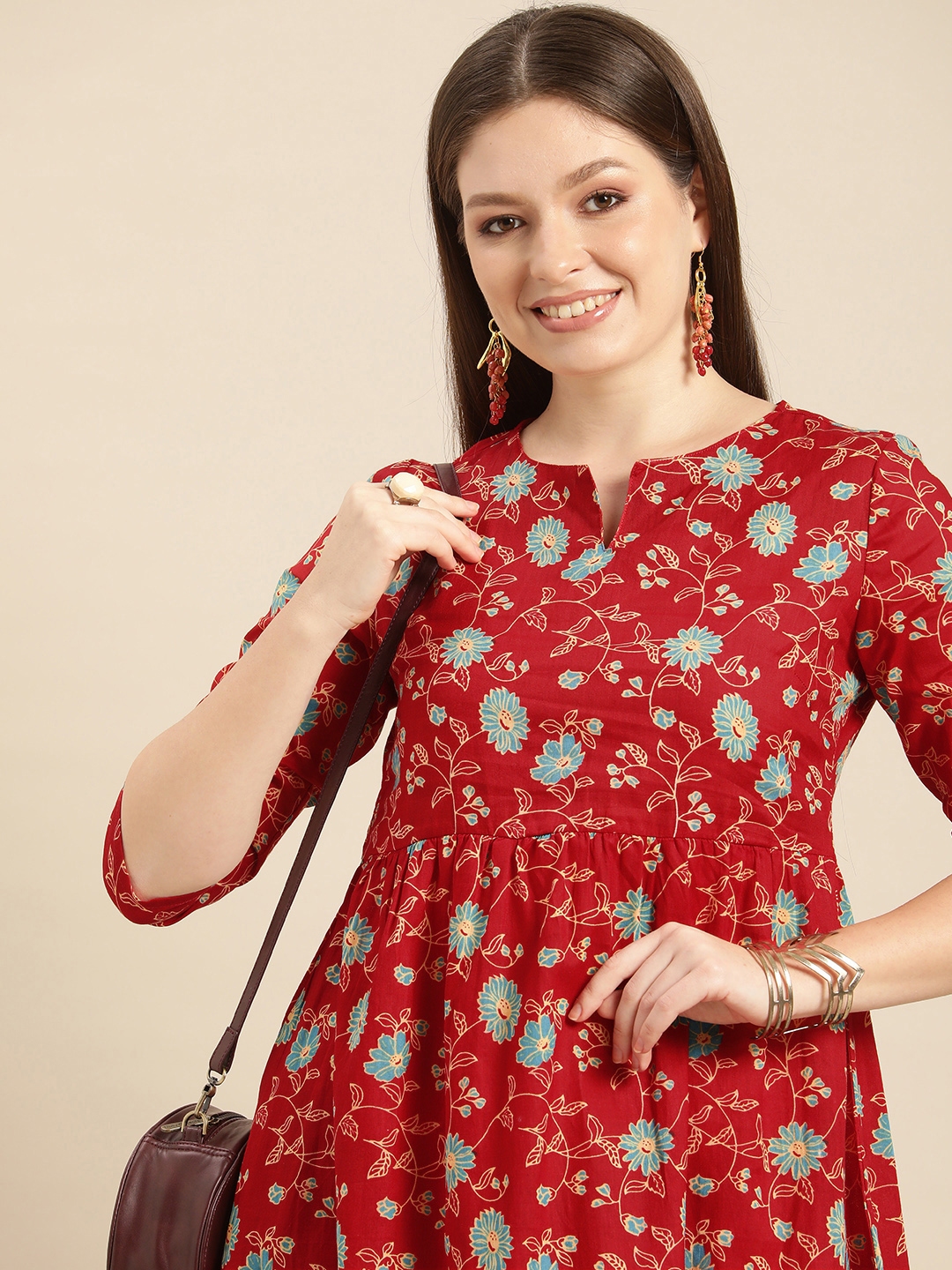 Buy Anouk Red And Blue Floral Print Pure Cotton A Line Dress Dresses