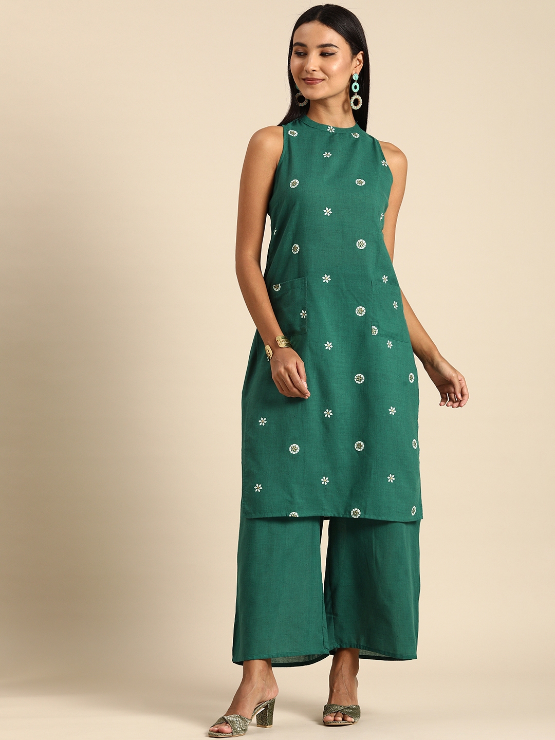 Buy Anouk Women Green And White Ethnic Motifs Print Band Collar Straight