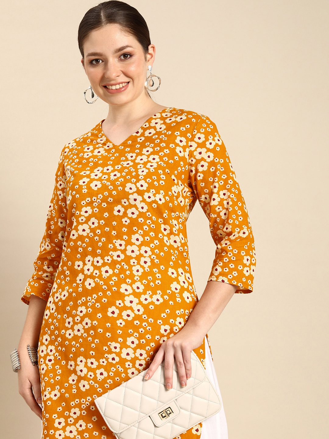 Buy Anouk Women Orange And White Floral Printed Pure Cotton A Line Kurta