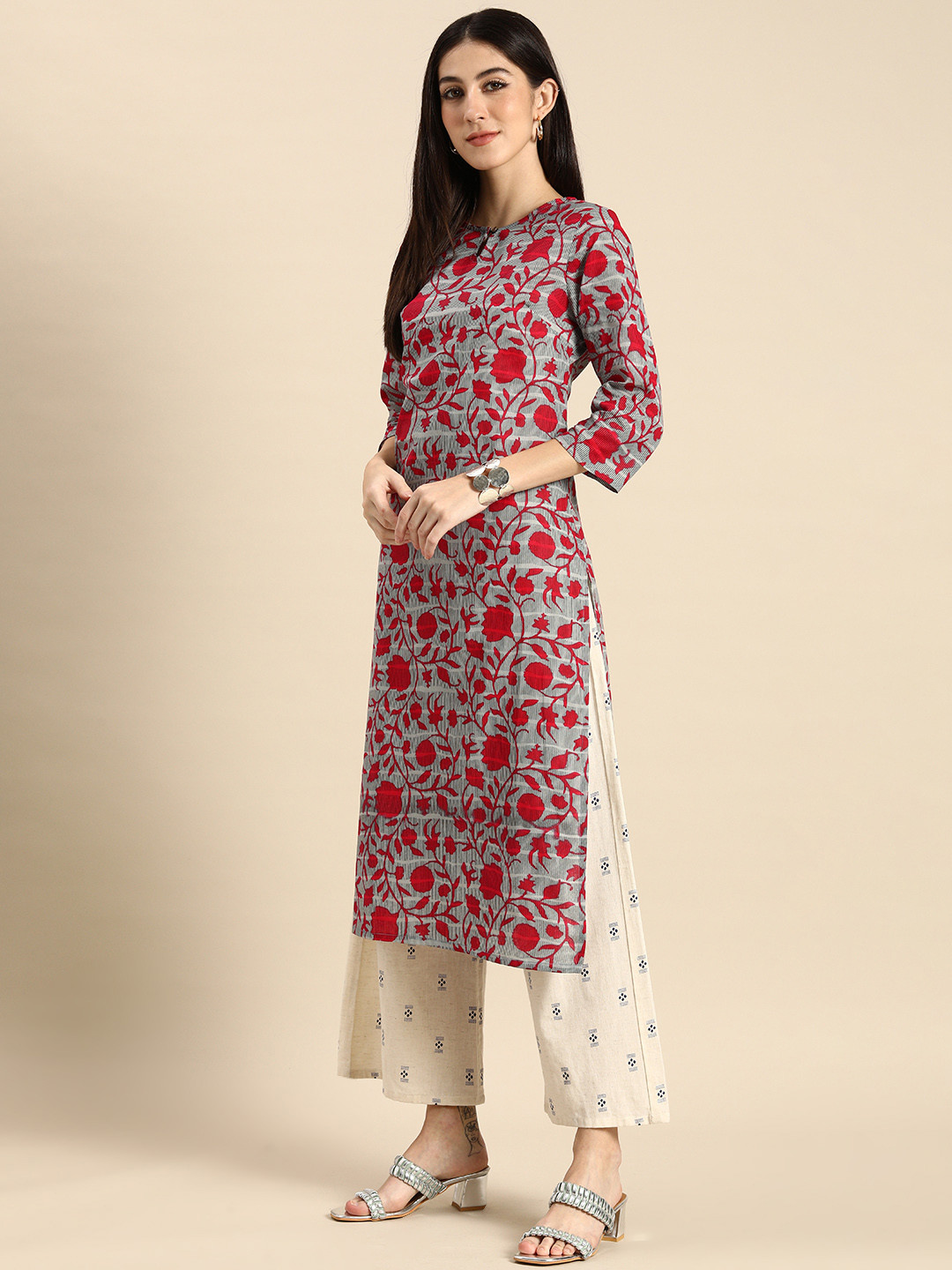 Buy Anouk Women Red & Grey Floral Printed Pure Cotton A Line Kurta ...