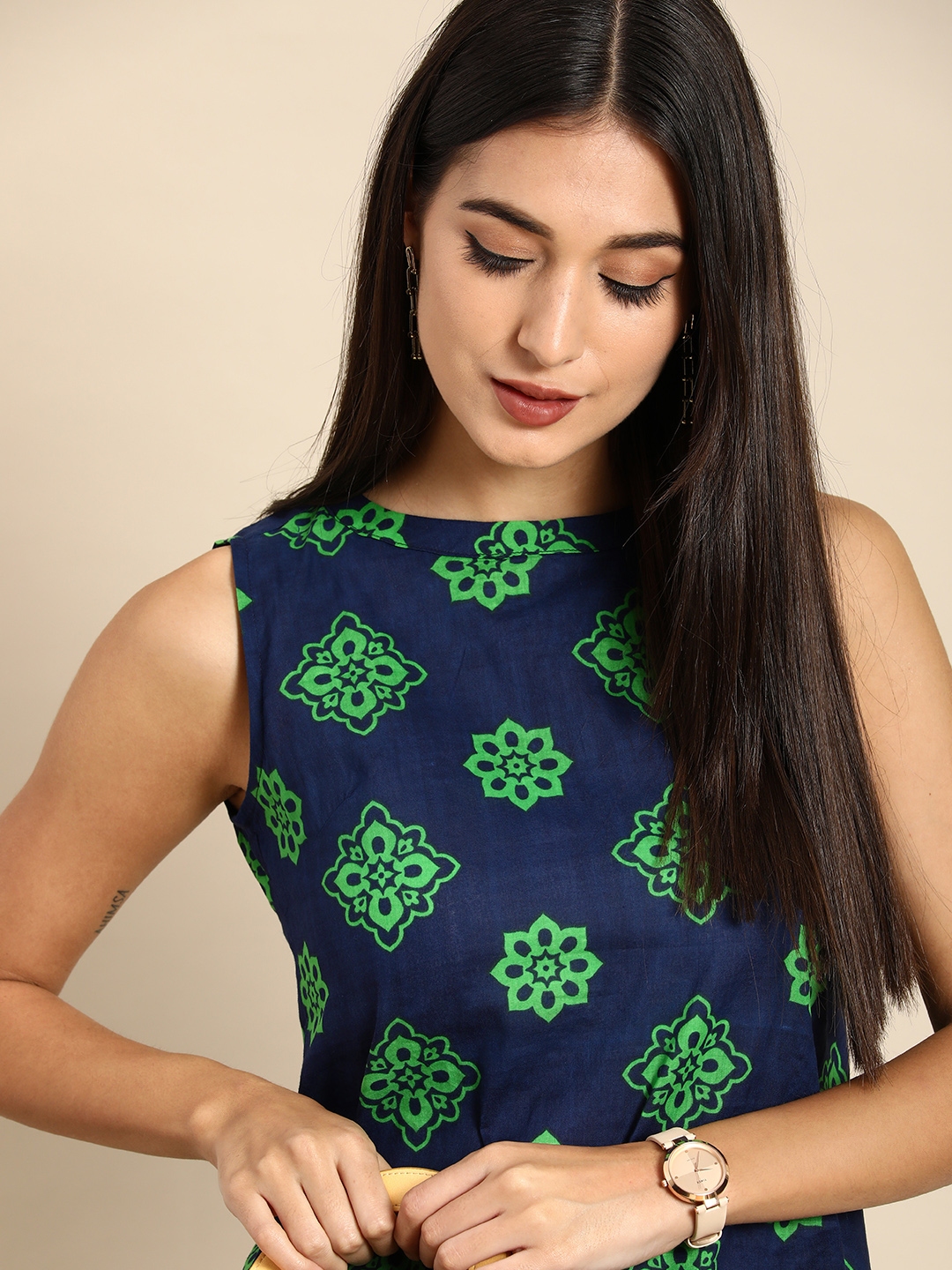 Buy Anouk Women Navy Blue And Green Ethnic Motifs Printed Pure Cotton