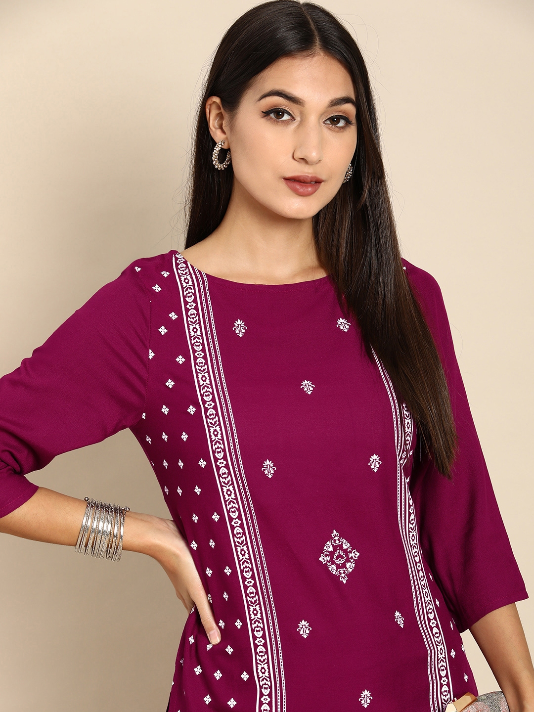 Buy Anouk Women Magenta Ethnic Motifs Printed Kurta With Solid Trousers