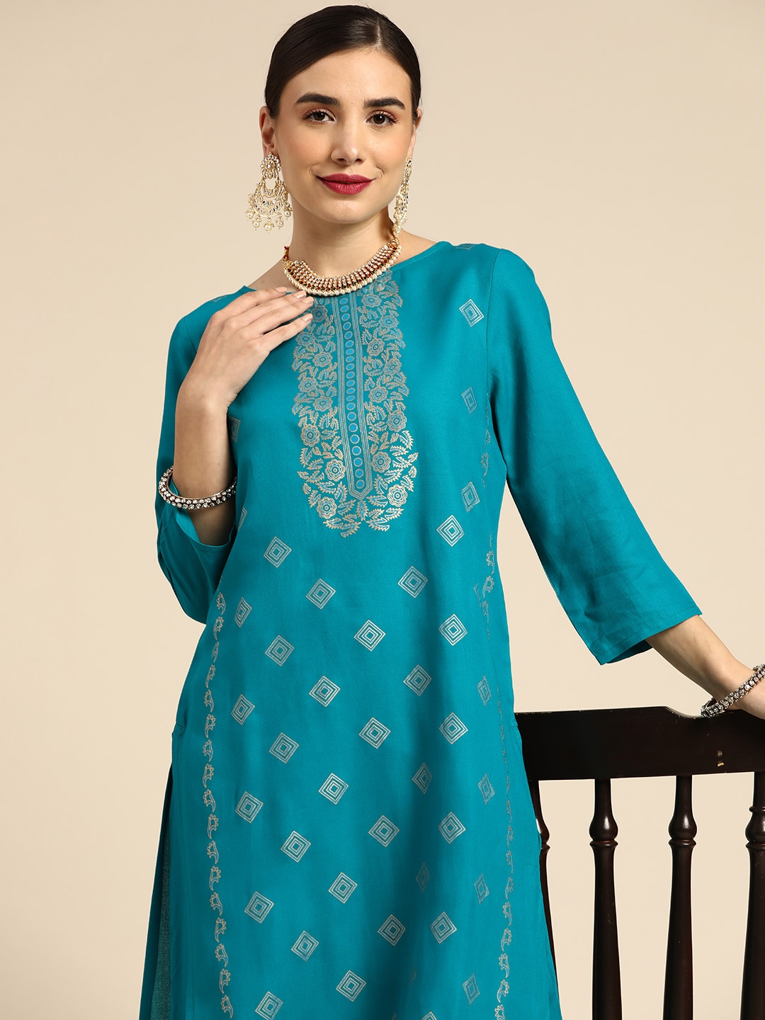Buy Anouk Women Teal Blue Ethnic Motifs Printed Kurta With Palazzos