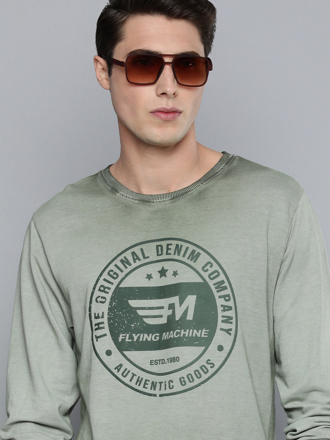 Buy Flying Machine Men Olive Green Brand Logo Printed Pure Cotton ...