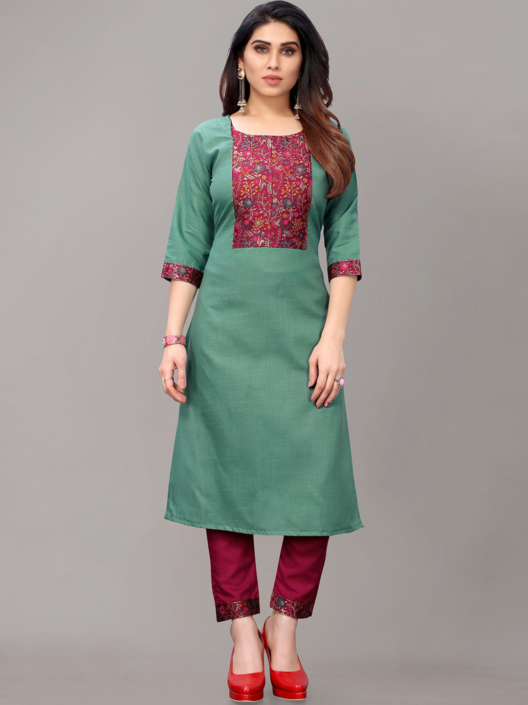 Buy AYKA CLOTHINGS Women Sea Green Ethnic Motifs Panelled Patchwork ...