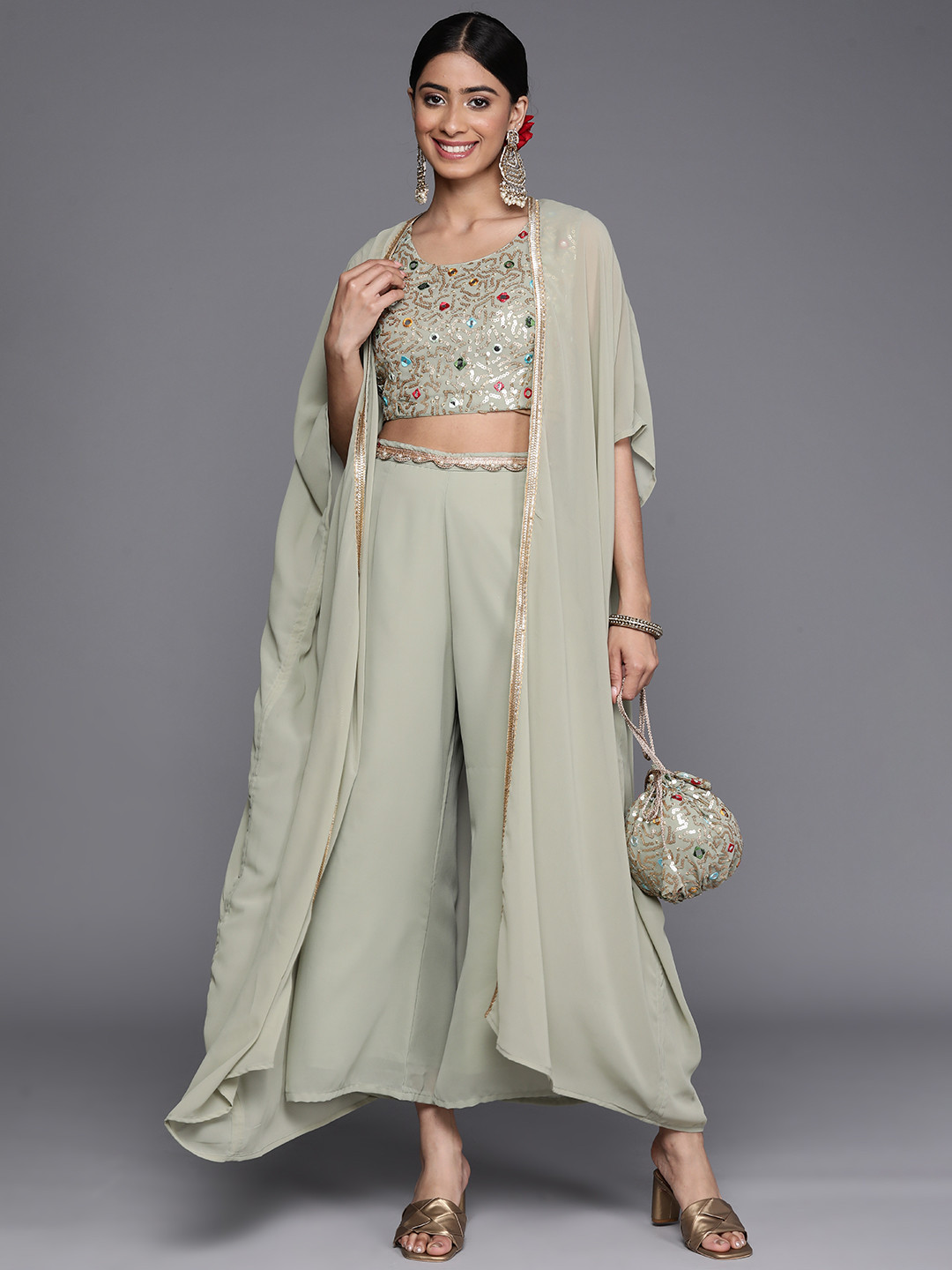 Buy Libas Women Sequinned Crop Top & Palazzo With Shrug & Polti Bag ...