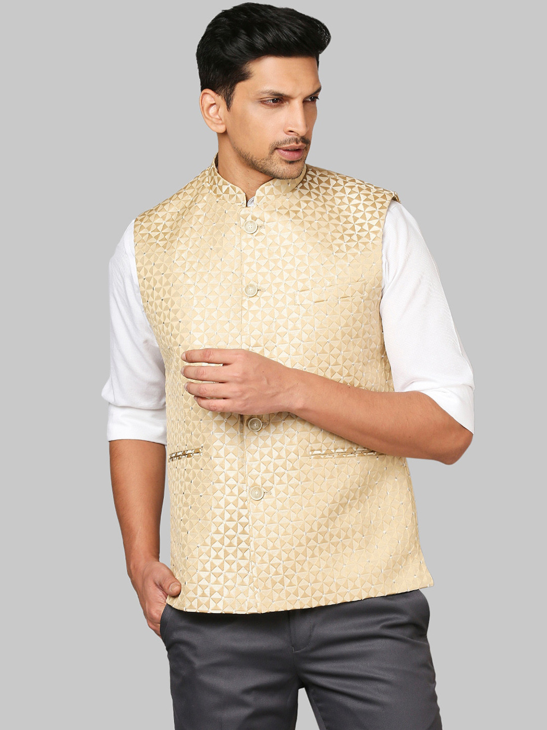 Buy Raymond Men Beige Solid Woven Nehru Jacket - Nehru Jackets for Men ...