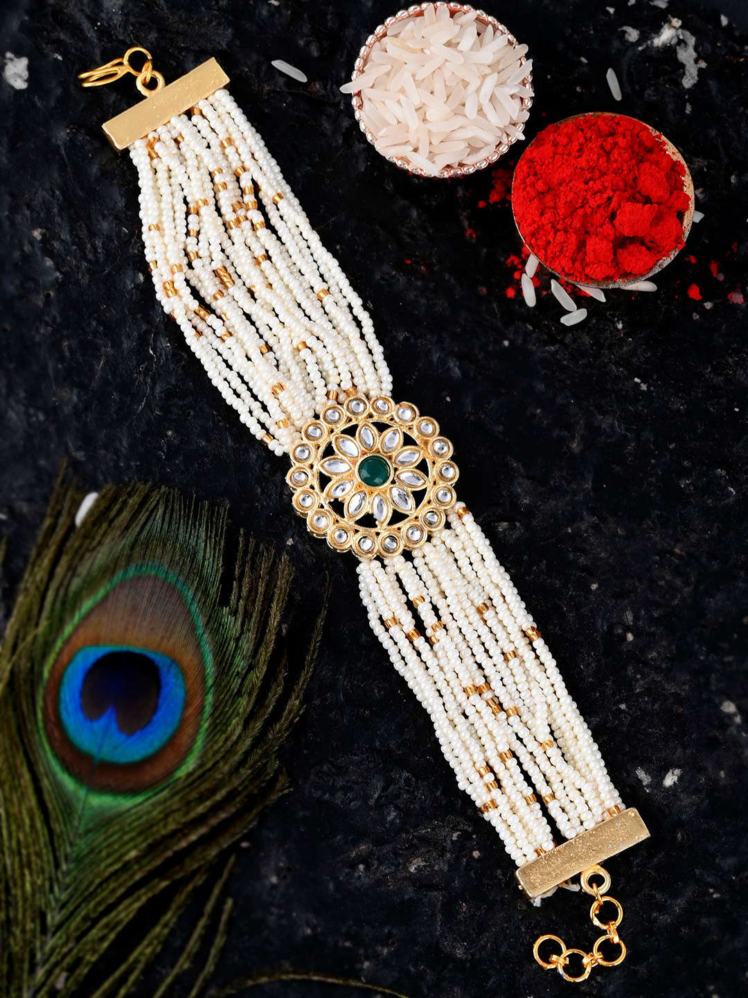 Buy Silvermerc Designs Women Gold Plated & White Beaded Rakhi - Rakhi ...