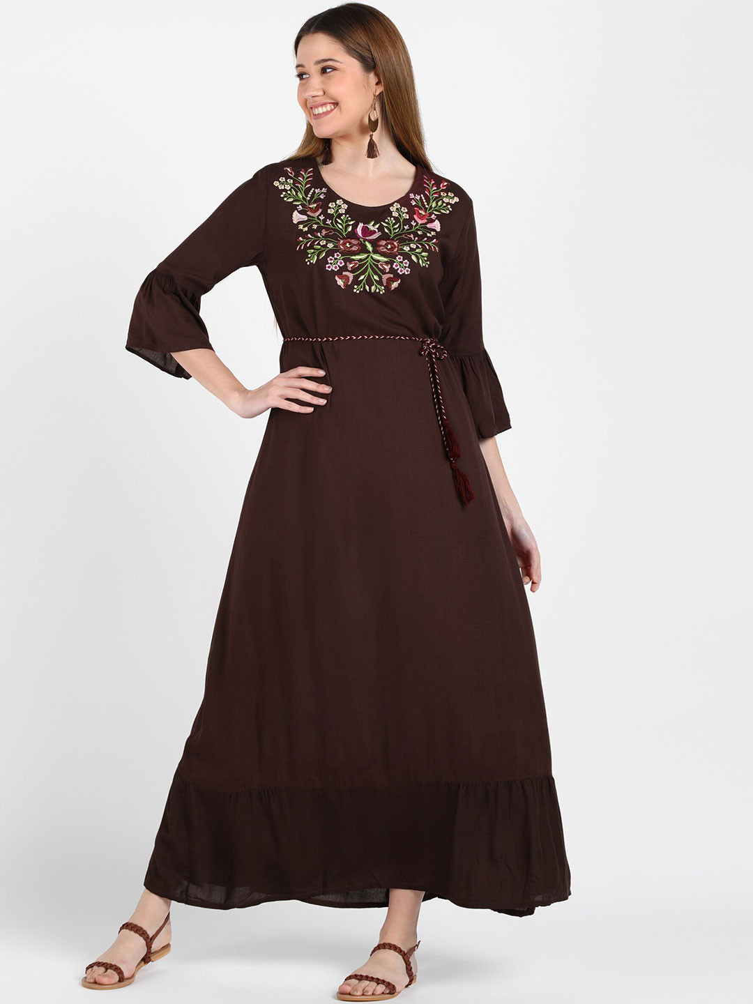 Buy Shashvi Women Brown Floral Embroidered Ethnic Maxi Dress - Ethnic ...