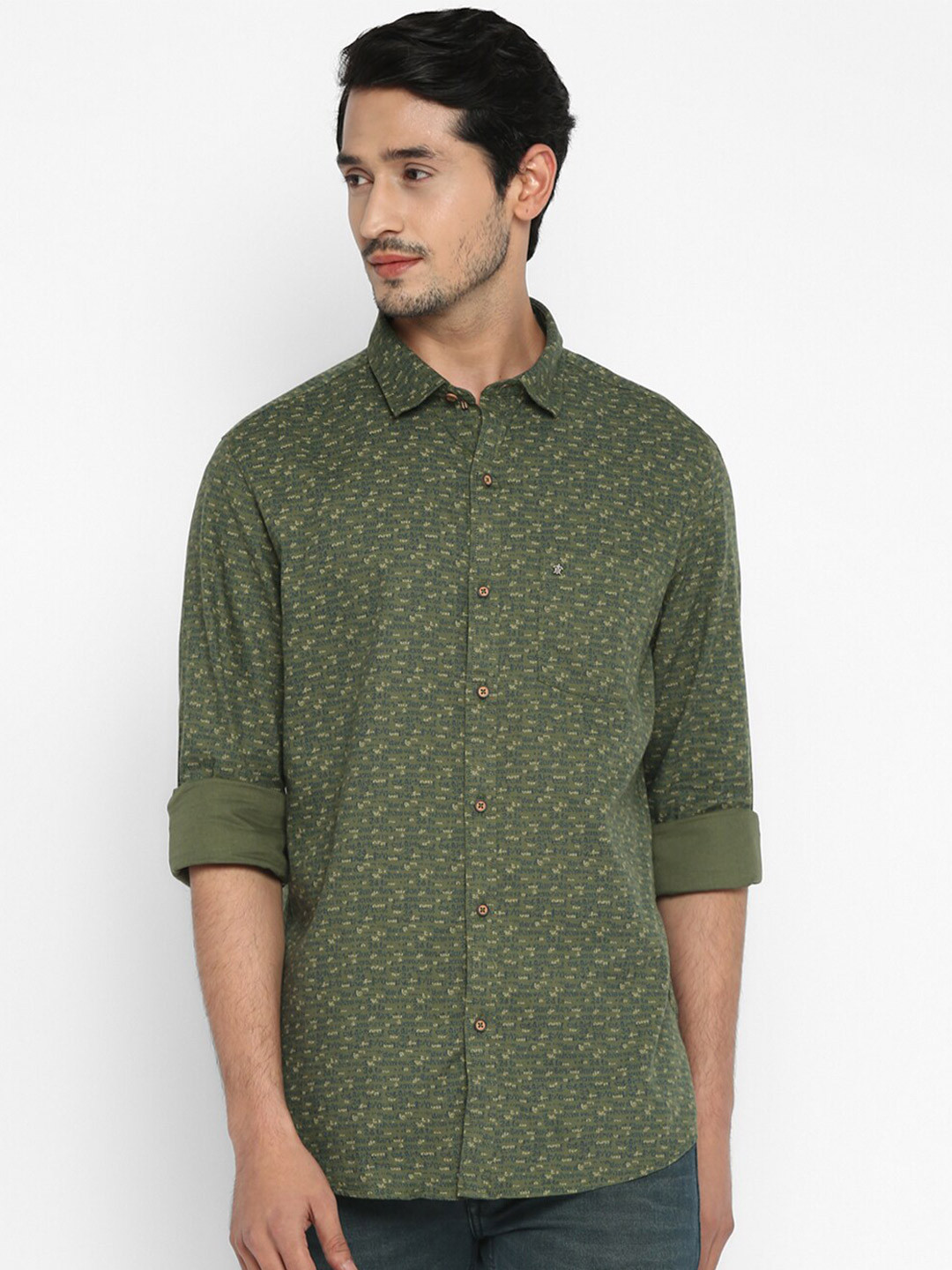 Buy Turtle Men Olive Green Cotton Slim Fit Printed Casual Shirt ...