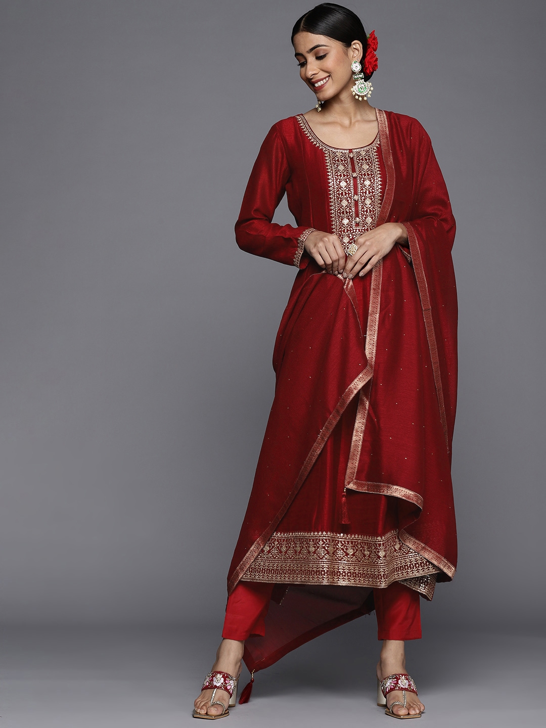 Buy Libas Women Maroon Floral Embroidered Sequinned Kurta With Trousers