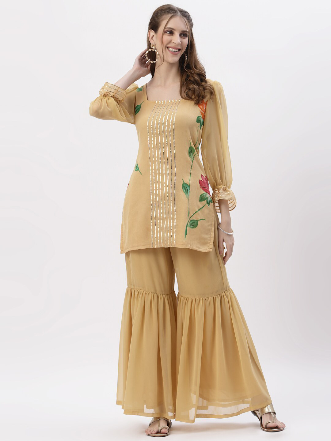 Buy Studio Rasa Women Beige Floral Embroidered Gotta Patti Silk ...