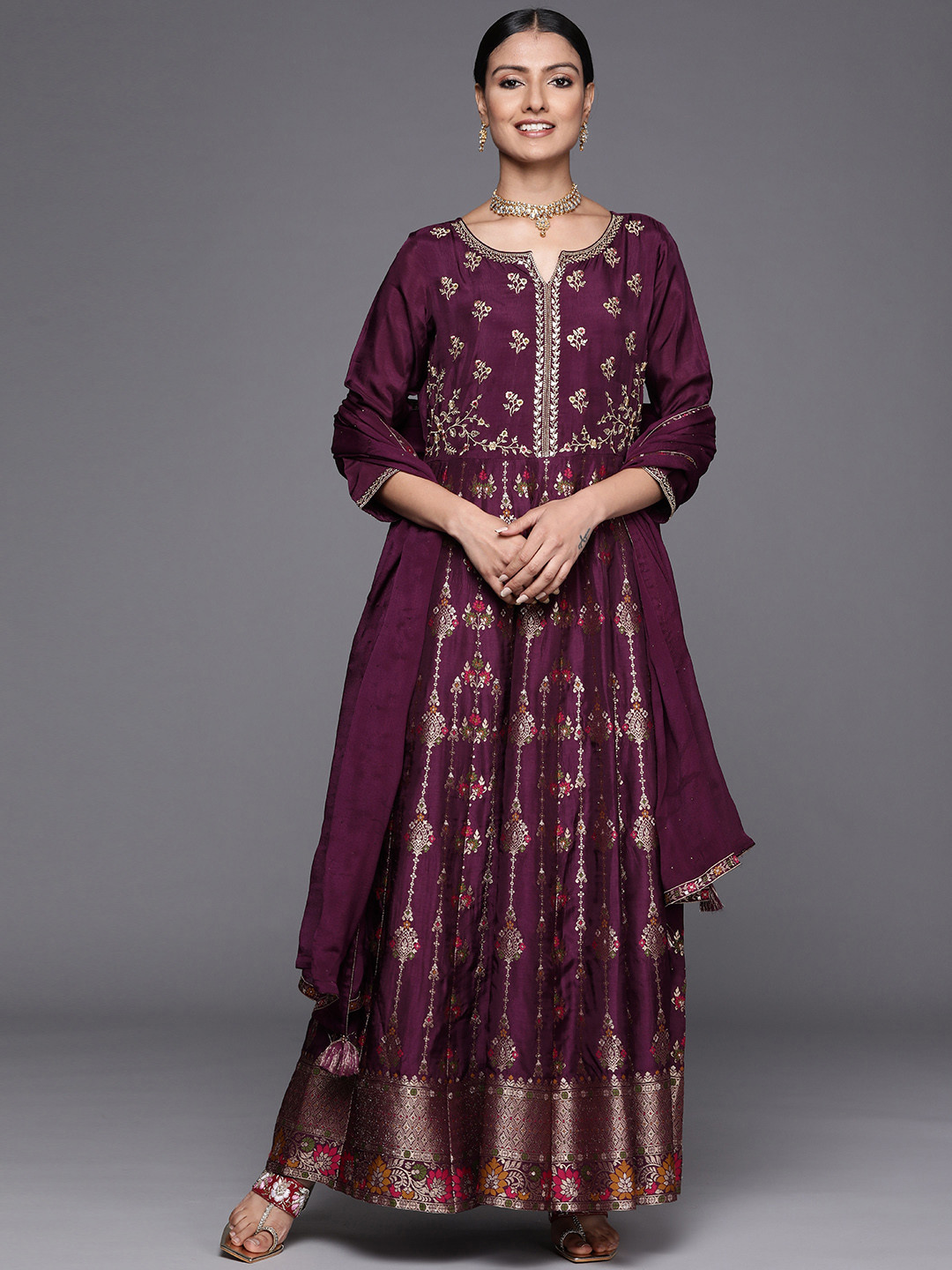 Buy Libas Women Purple Embroidered Panelled Pure Silk Kurta With ...