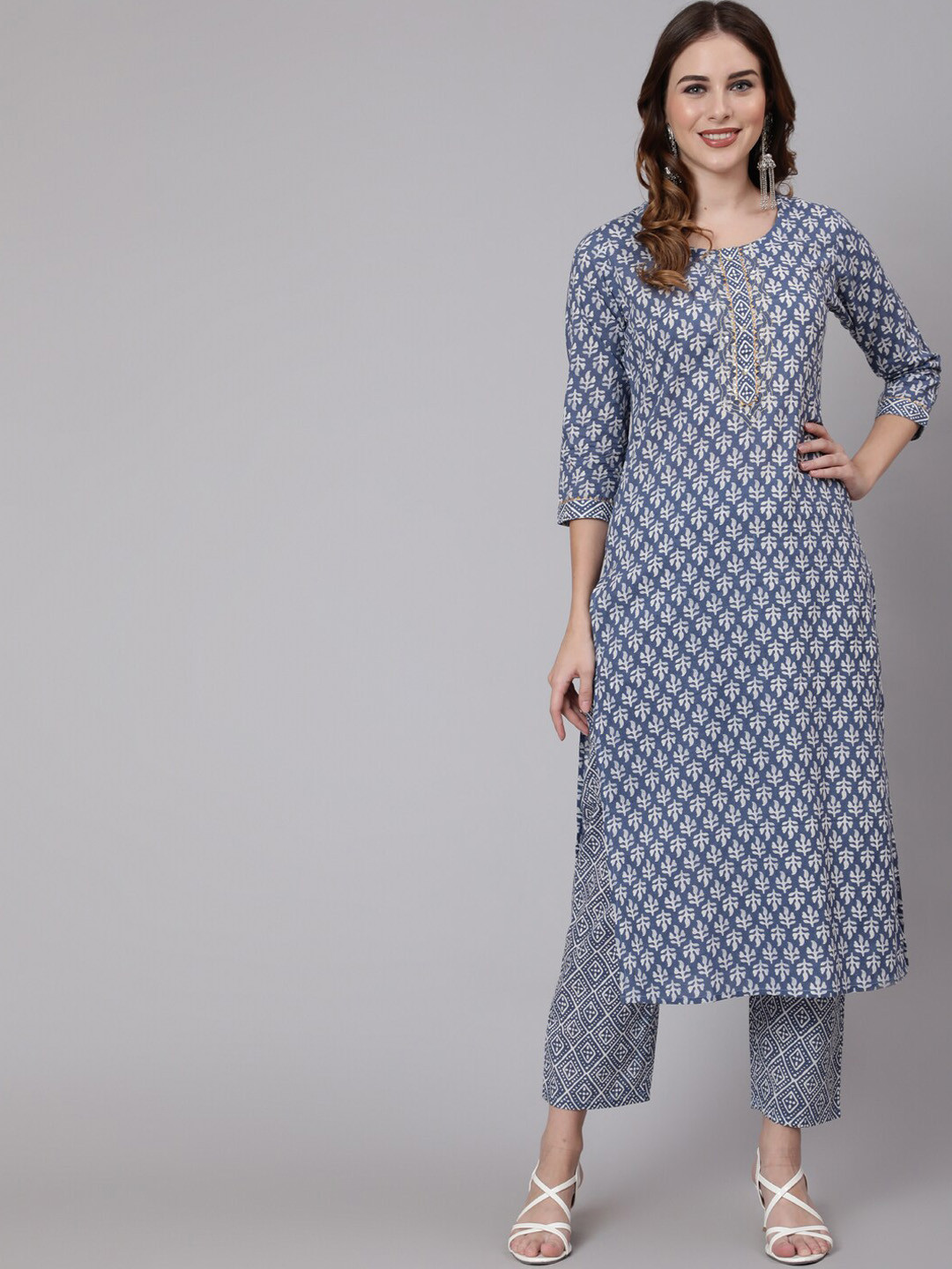 Buy GLAM ROOTS Women Blue Printed Pure Cotton Kurta With Trouser ...