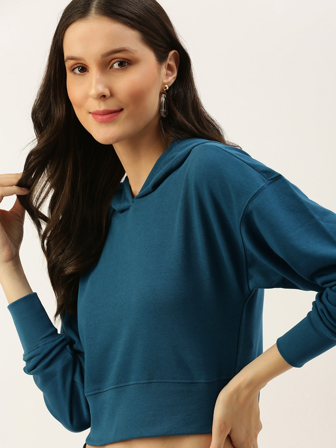 Buy FOREVER 21 Women Teal Blue Crop Hooded Sweatshirt - Sweatshirts for ...