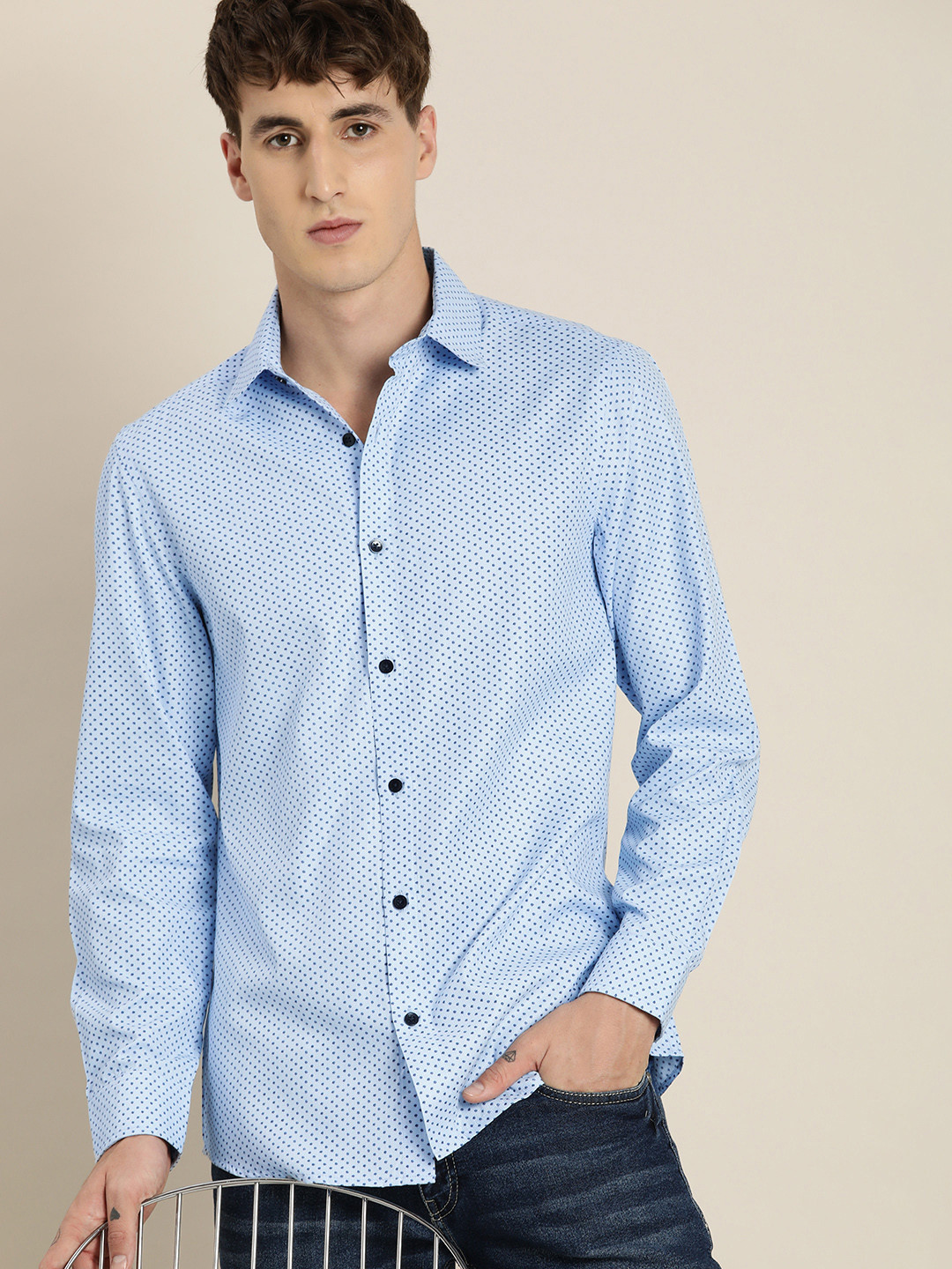 Buy Encore By INVICTUS Men Blue Geometric Printed Easy Iron Casual ...