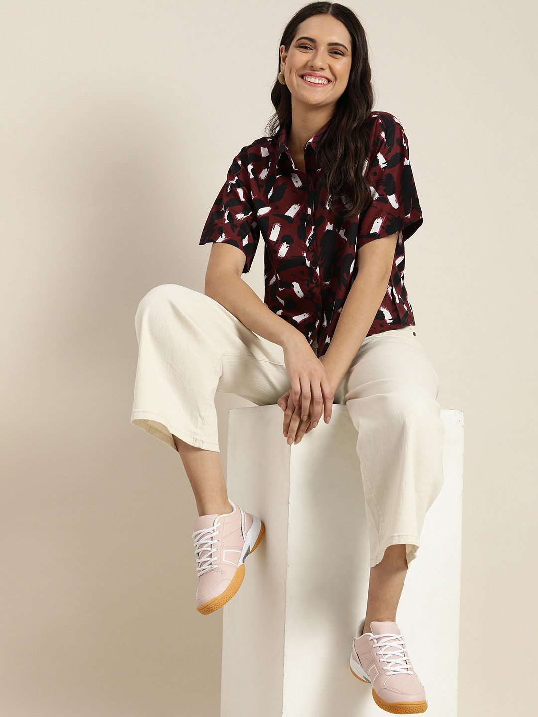 Buy Encore By INVICTUS Women Brown & Black Printed Drop Shoulder ...