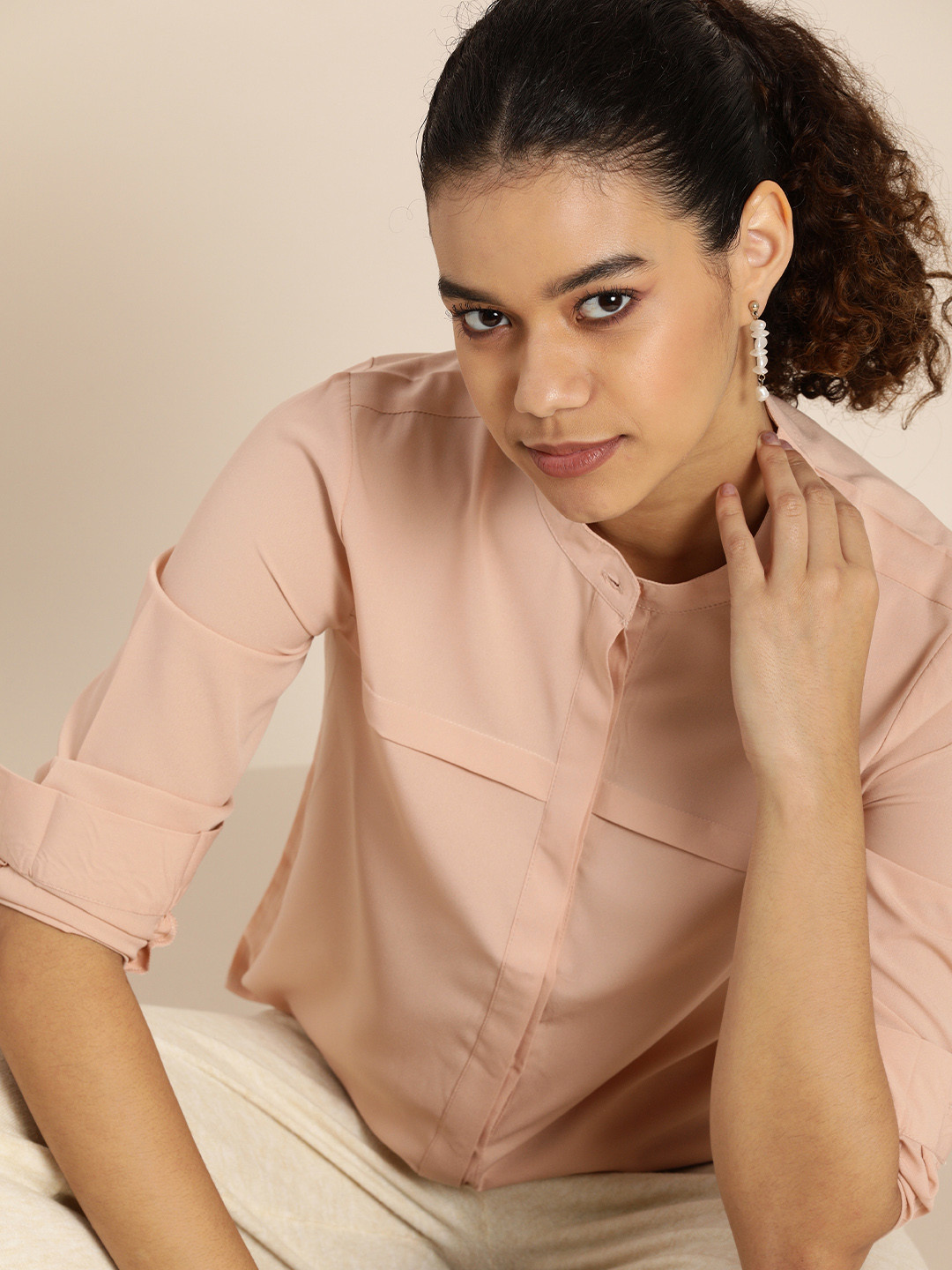 Buy Encore By INVICTUS Women Peach Solid Panel Detail Casual Shirt With ...