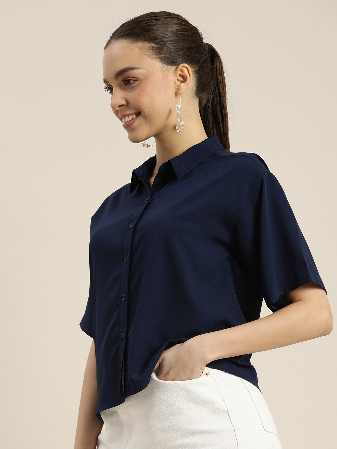 Buy Encore By INVICTUS Women Navy Blue Solid Casual Shirt With Drop ...