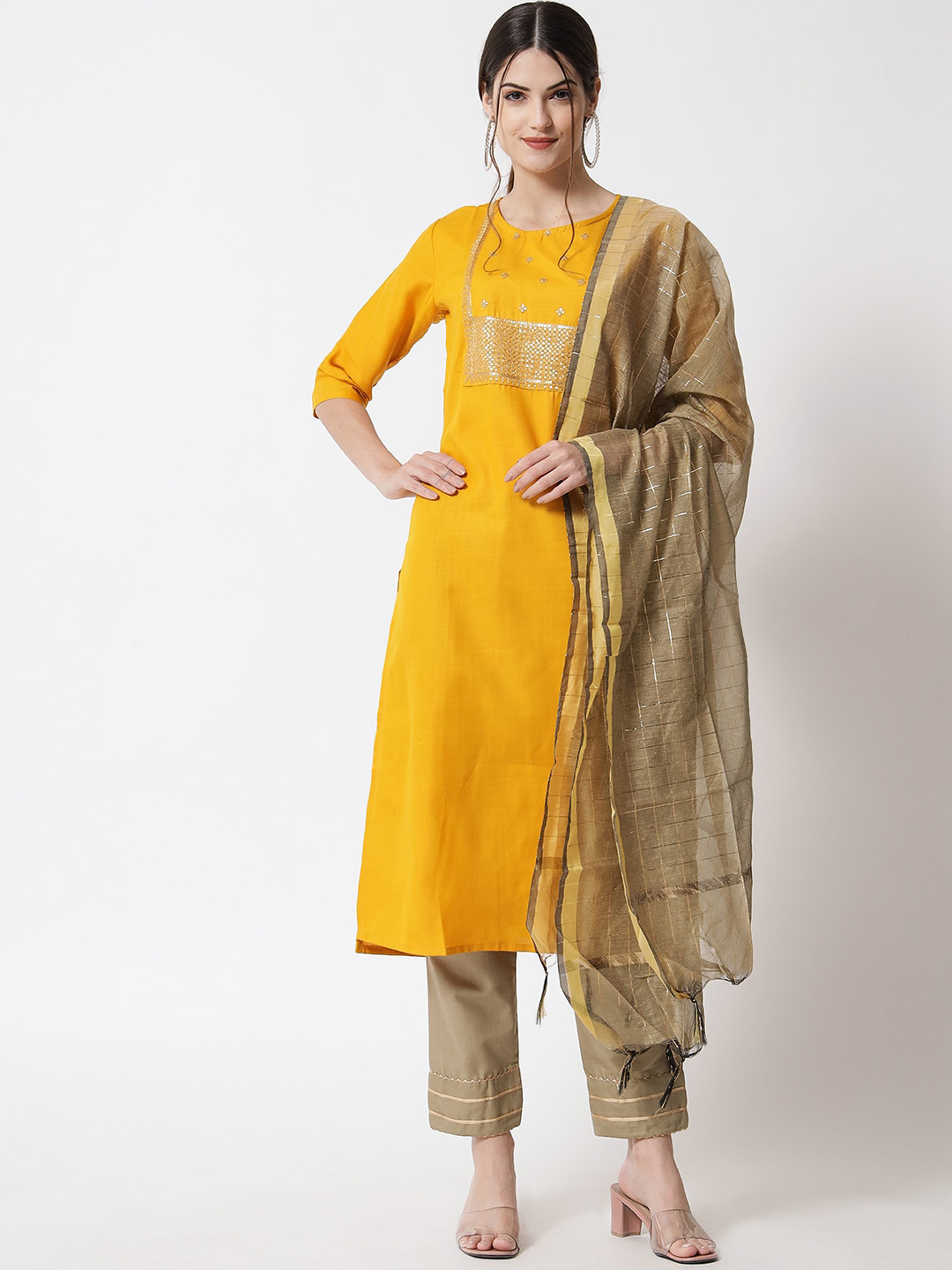 Buy VredeVogel Women Yellow Yoke Design Sequinned Kurta With Trousers ...
