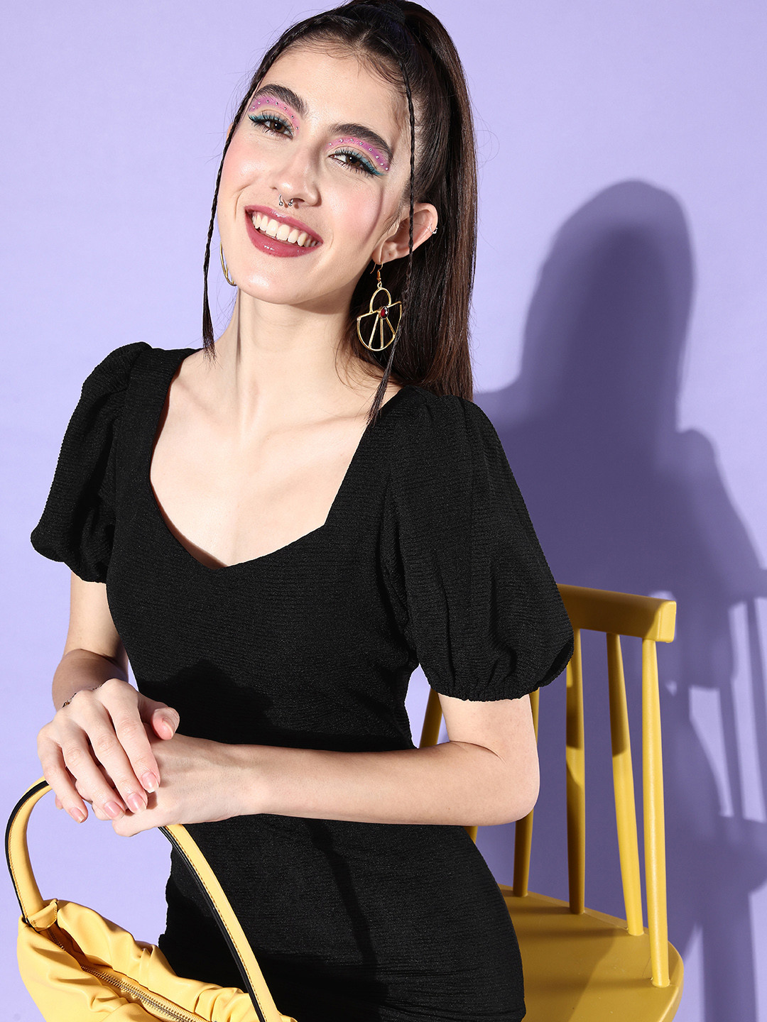 Buy 4WRD By Dressberry Jet Black V Neck Once Upon A Sleeve Bodycon ...