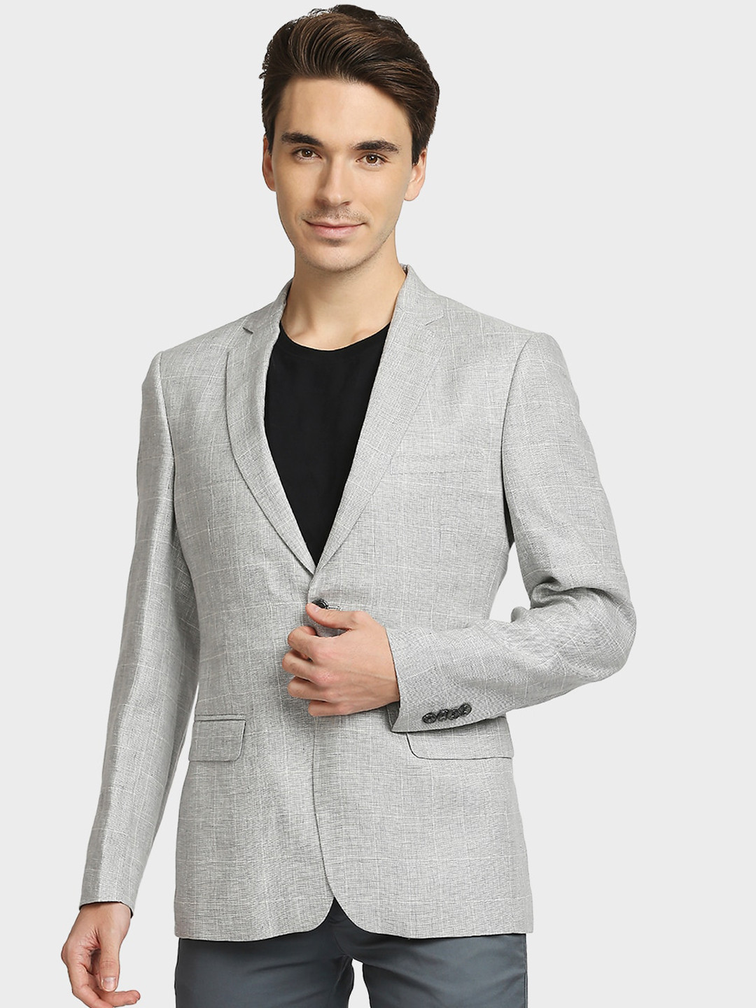 Buy ColorPlus Men Grey Checked Pure Cotton Single Breasted Blazers ...