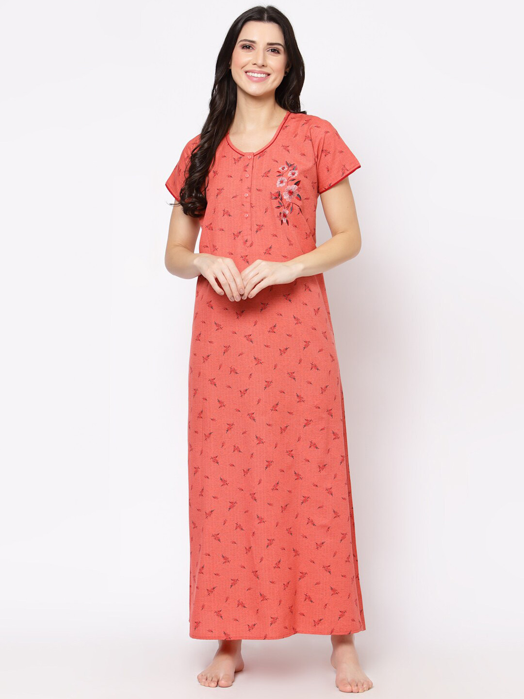 Buy Sweet Dreams Orange Printed Maxi Nightdress - Nightdress for Women ...