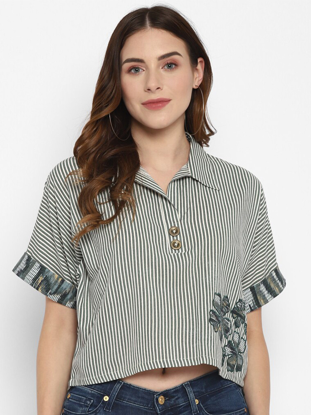 Buy Taurus Olive Green & White Floral Striped Pure Cotton Shirt Style ...