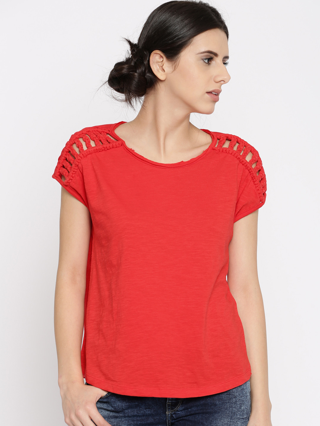 Buy Vero Moda Women Red Solid Pure Cotton Top - Tops for Women 1910191 ...