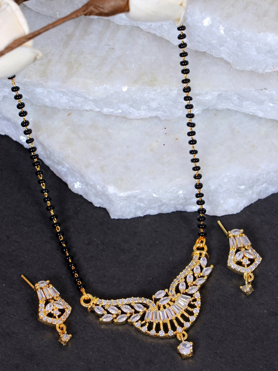 Buy SwaDev Black & Gold Toned & Gold Plated AD Studded Mangalsutra Set ...