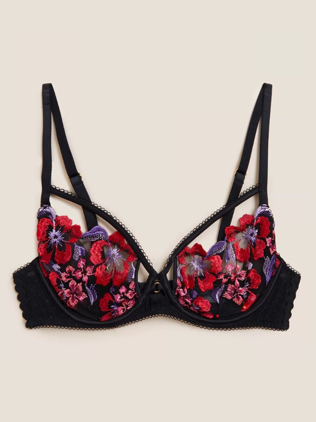 Buy Marks & Spencer Black & Red Floral Bra Underwired Lightly Padded ...