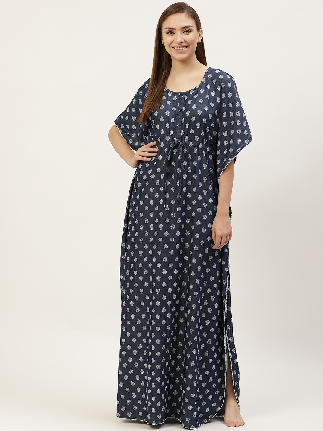 Buy Sweet Dreams Navy Blue Cotton Printed Maxi Kaftan Nightdress ...