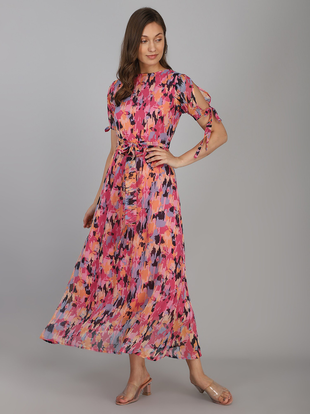 Buy Fashfun Pink Chiffon Abstract Printed Maxi Dress - Dresses for ...