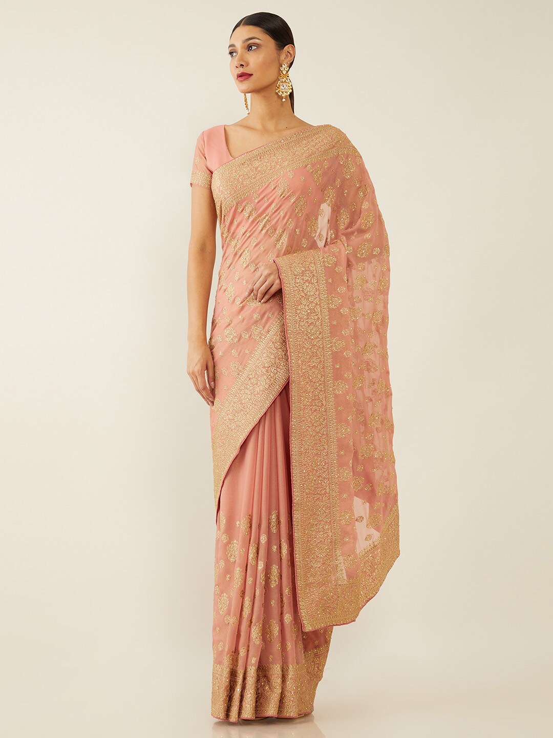 Buy Soch Women Peach Coloured & Gold Toned Ethnic Motifs Zari Saree ... Buy Soch Women Peach Coloured & Gold Toned Ethnic Motifs Zari Saree ...