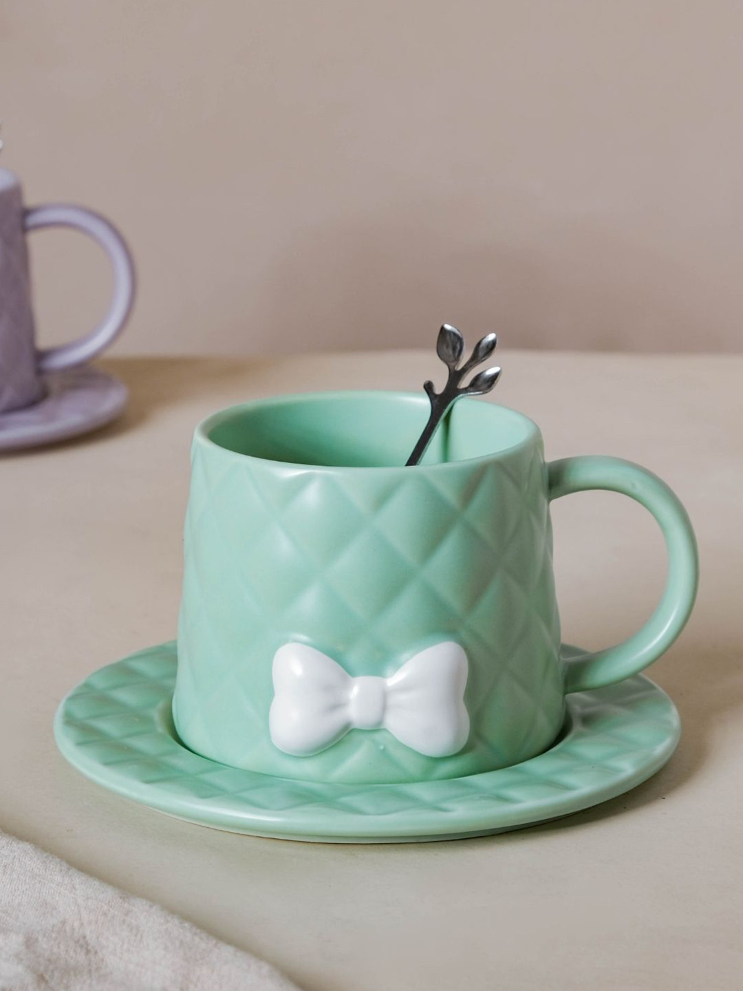 Buy Nestasia Green Textured Bow Ceramic Cup With Saucer & Spoon - Tea ...