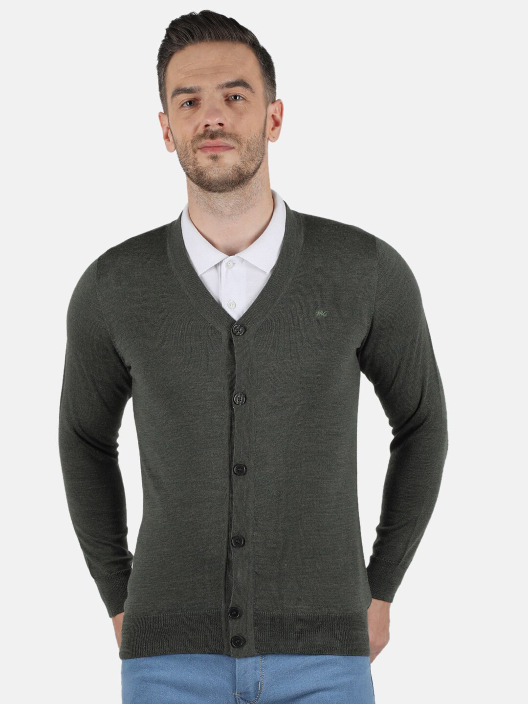Buy Monte Carlo Men Olive Green Solid Pure Wool V Neck Cardigan ...