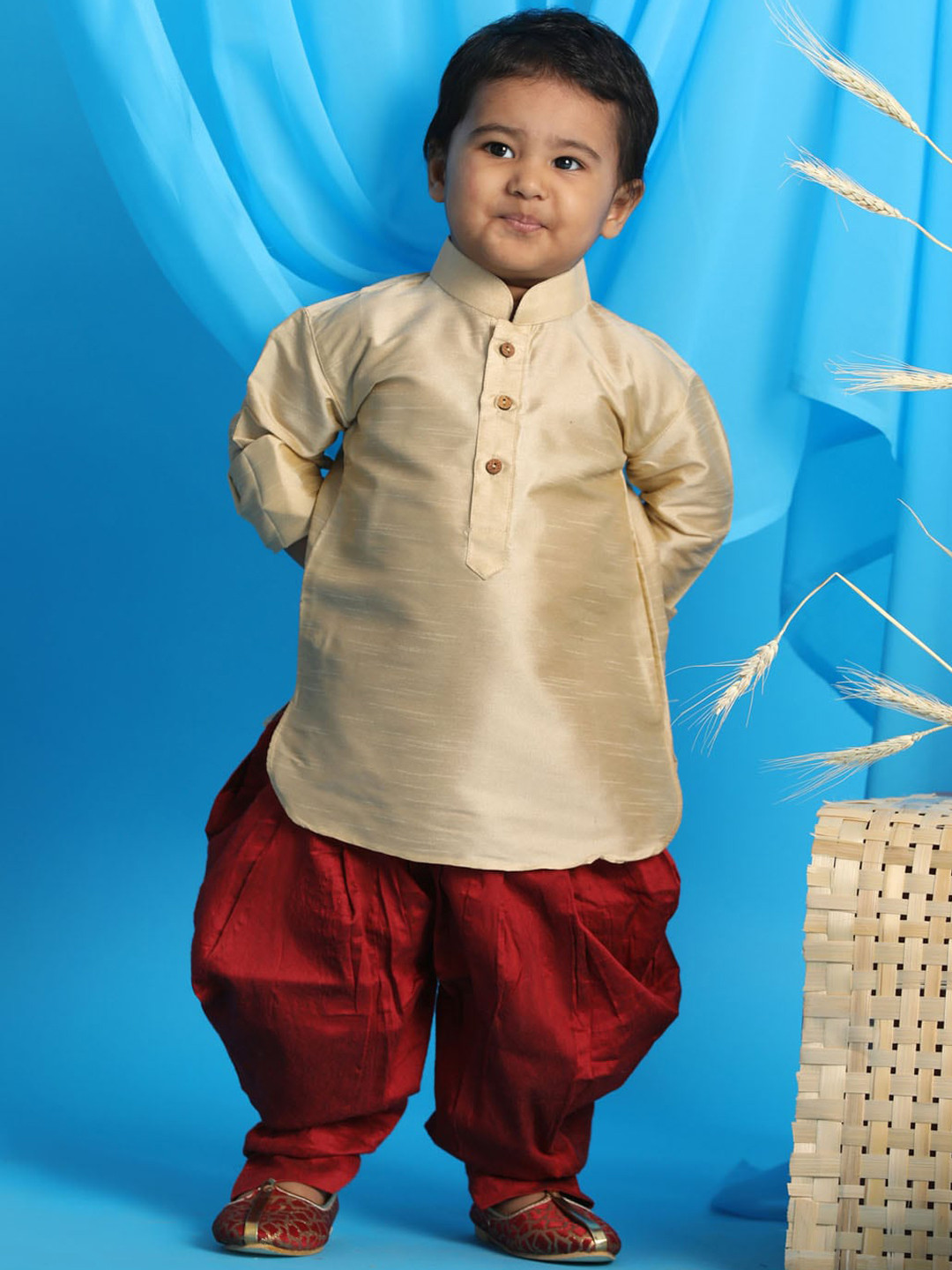 Buy VASTRAMAY SISHU Boys Gold & Maroon Solid Kurta With Dhoti Pants ...