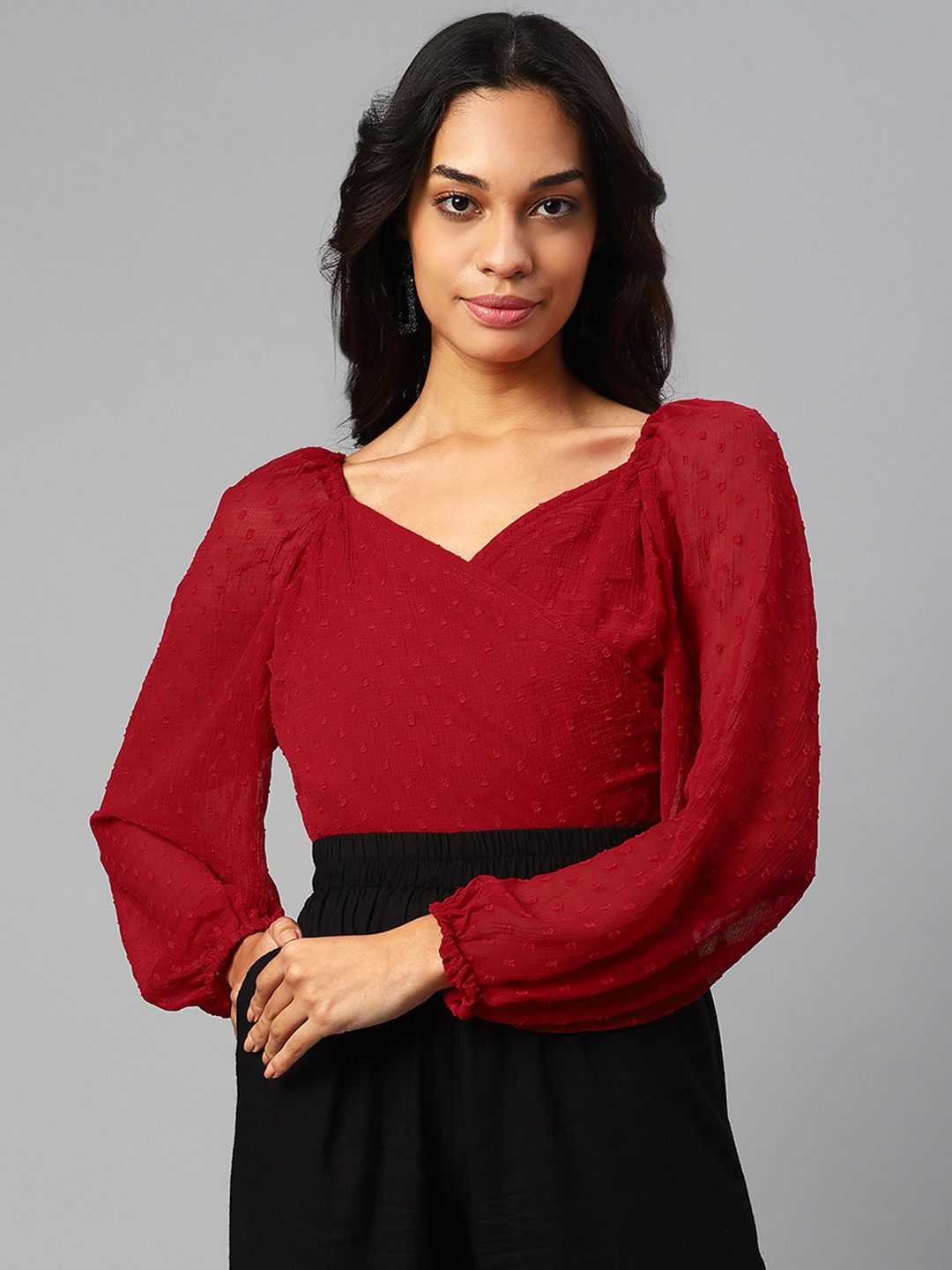 Buy PlusS Red Sweetheart Neck Smocked Wrap Top - Tops for Women ...