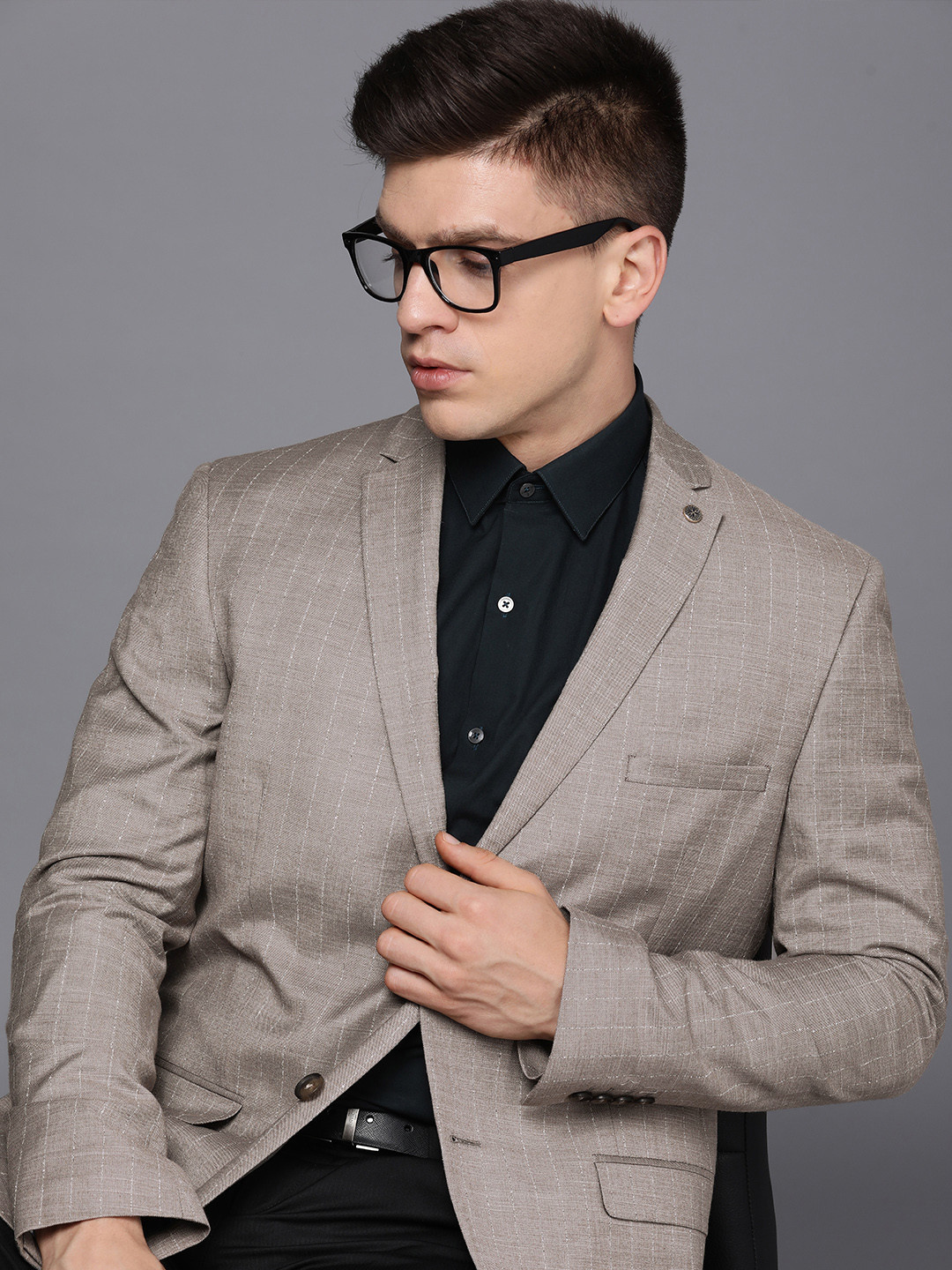 Buy Theme Men Beige Self Striped Slim Fit Formal Blazer - Blazers for ...